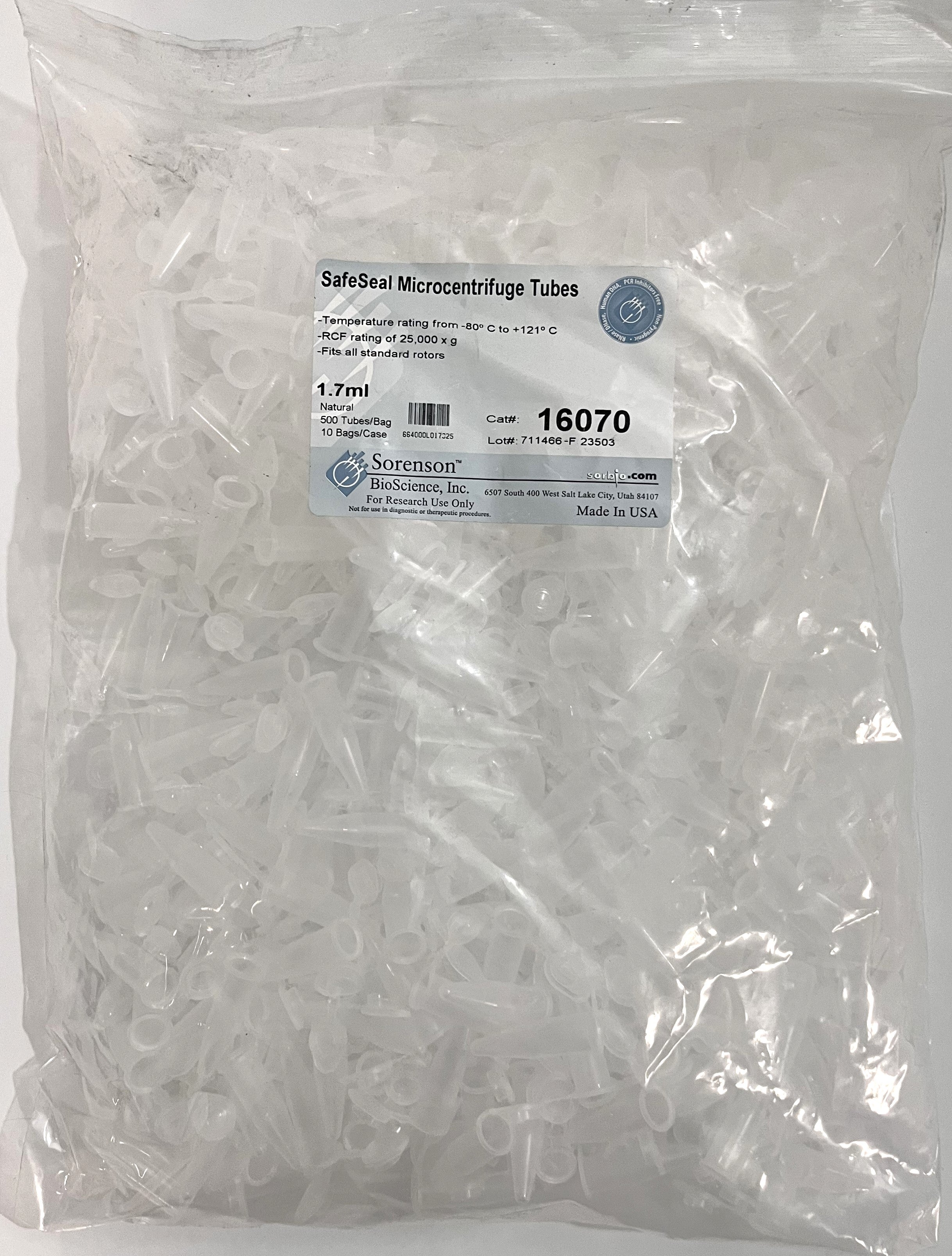 Sorenson 16070 SafeSeal 1.7mL Microcentrifuge Tubes, Bag of 500 ...
