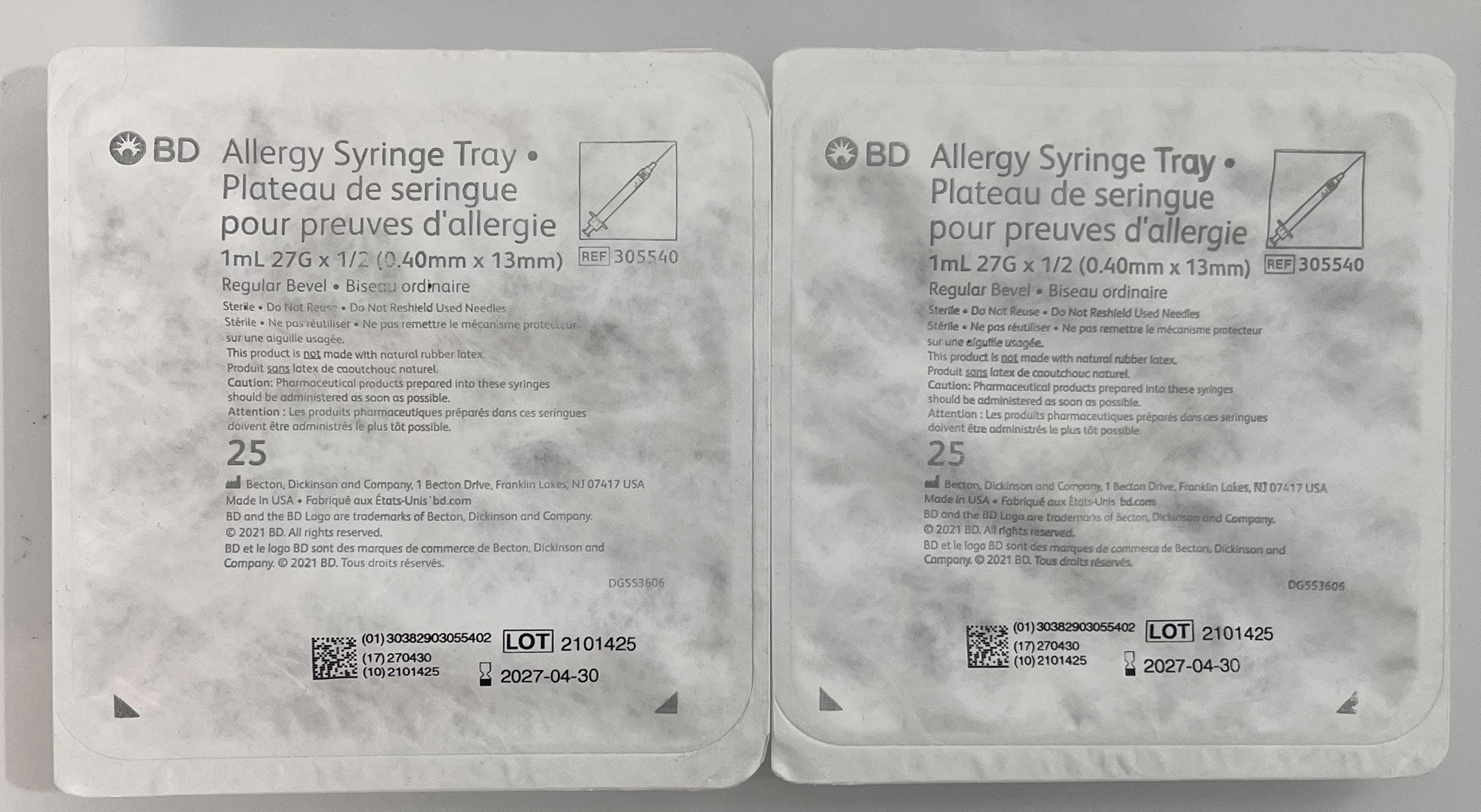 BD 305540 Allergy Syringe Tray 1mL 27G x 1/2" Needle, 25/Pack (2 Packs ...